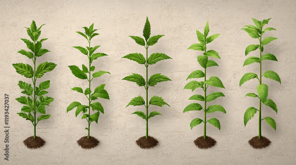 Six stages of plant growth, from seedling to mature plant, shown ...