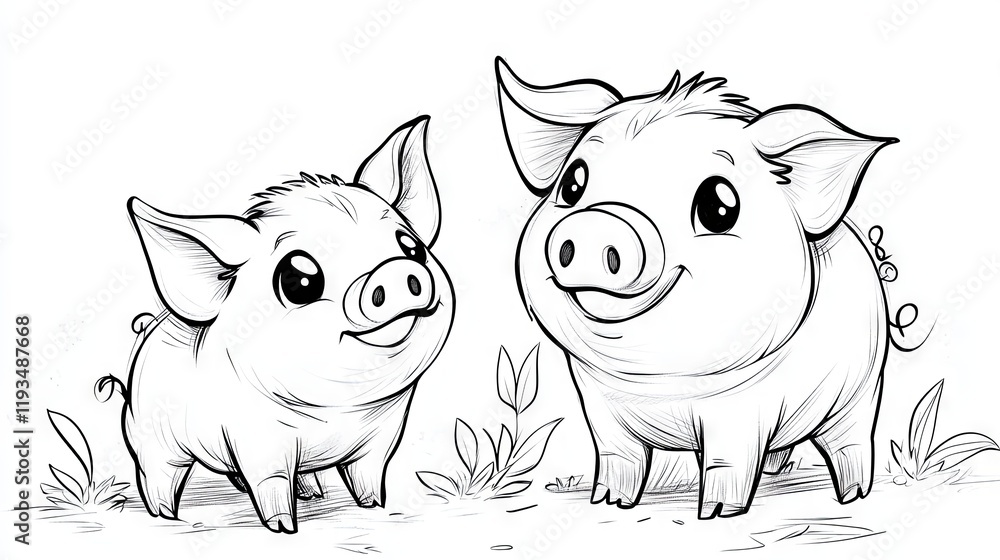 Adorable pig with its baby, cartoon character coloring page in vector ...