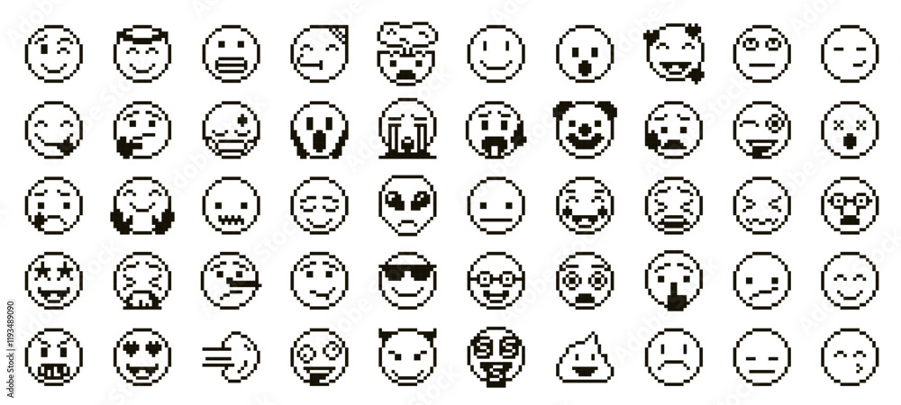 Pixel art emoji faces. Pixelated emoticon icons with different facial ...