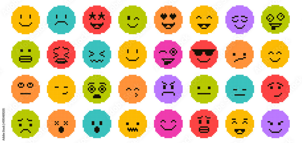 Pixel art faces. Retro pixelated emojis, colorful 8 bit emoticons with ...