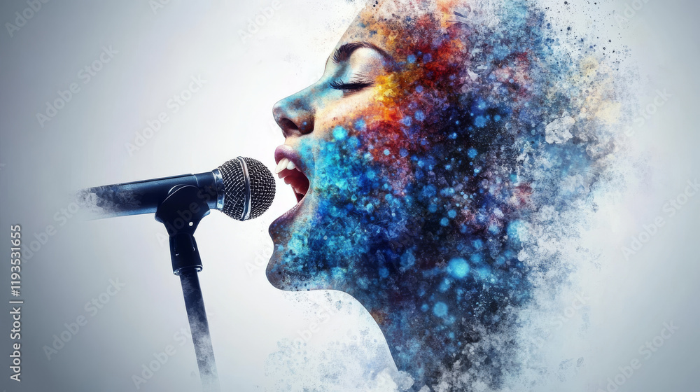 Singer from particles. She sings consists of small circles and dots ...