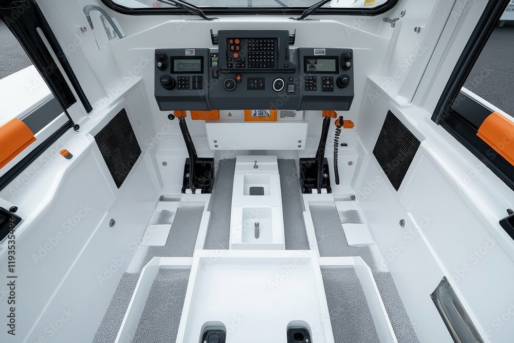 Detailed view of a minimalistic operator cabin featuring control panels ...