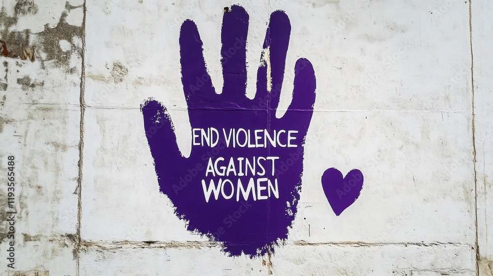 Purple hand print advocating to end violence against women on a white ...