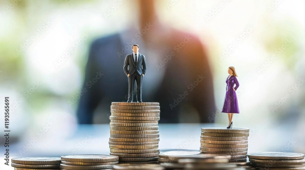 Miniature figures of a man and woman standing on uneven coin stacks ...