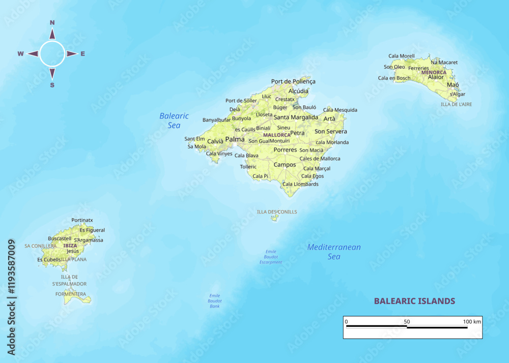 This map depicts the Balearic Islands, a Spanish archipelago in the ...