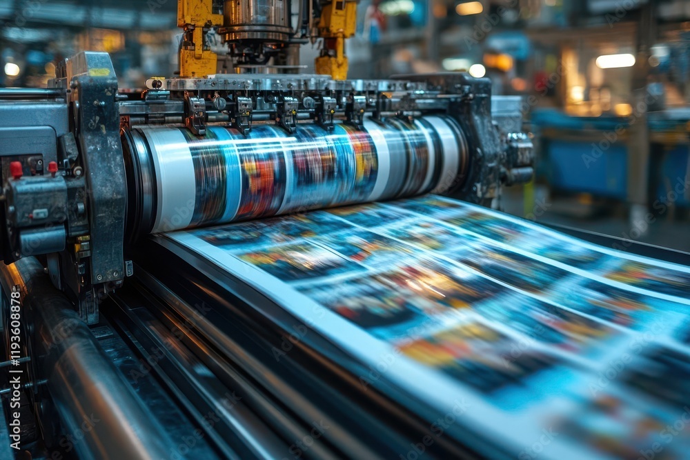 highspeed printing press churning out magazines in a dynamic editorial ...