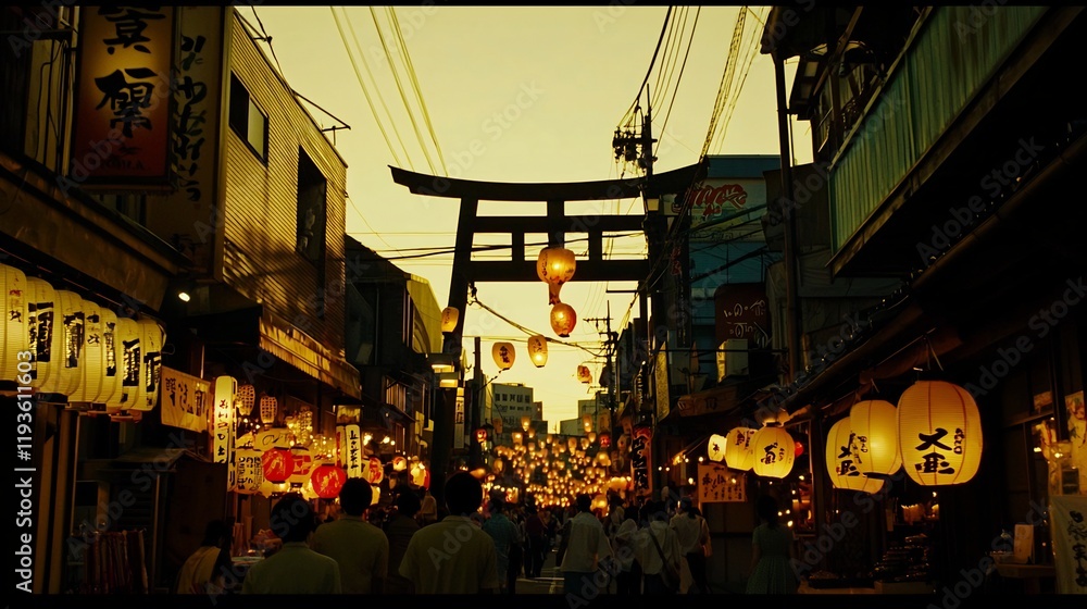 Evening street scene in Japan, people walking through a torii gate ...
