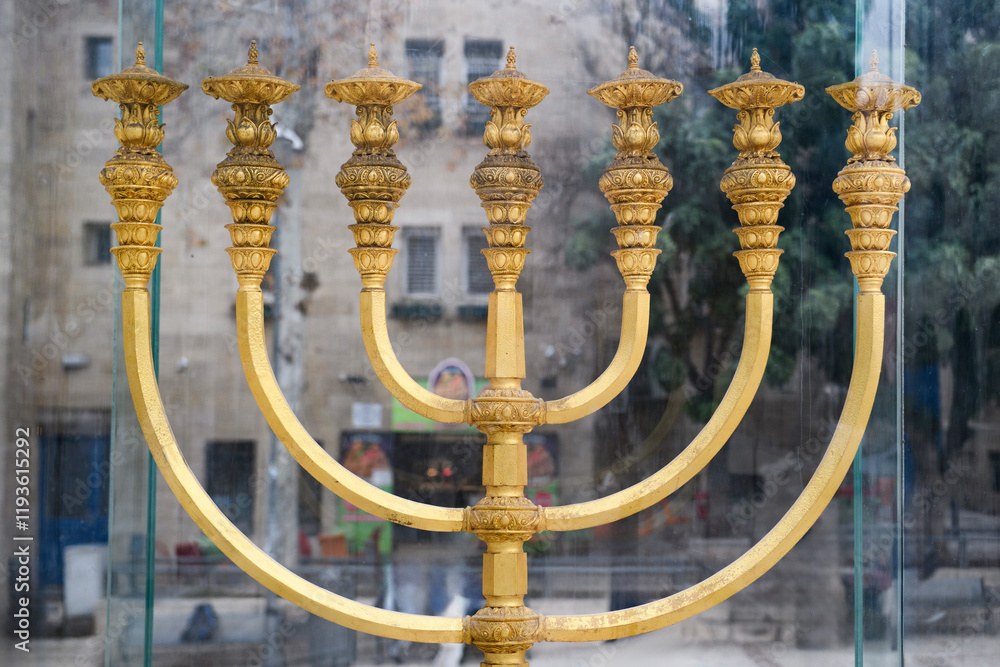 An exact replica of the golden Temple menorah, a seven-branched ...