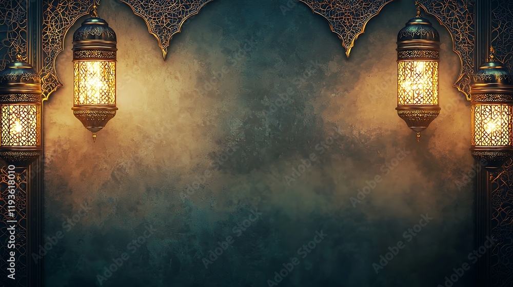 Eid Mubarak Islamic ornamental background with Arabic border frame and ...