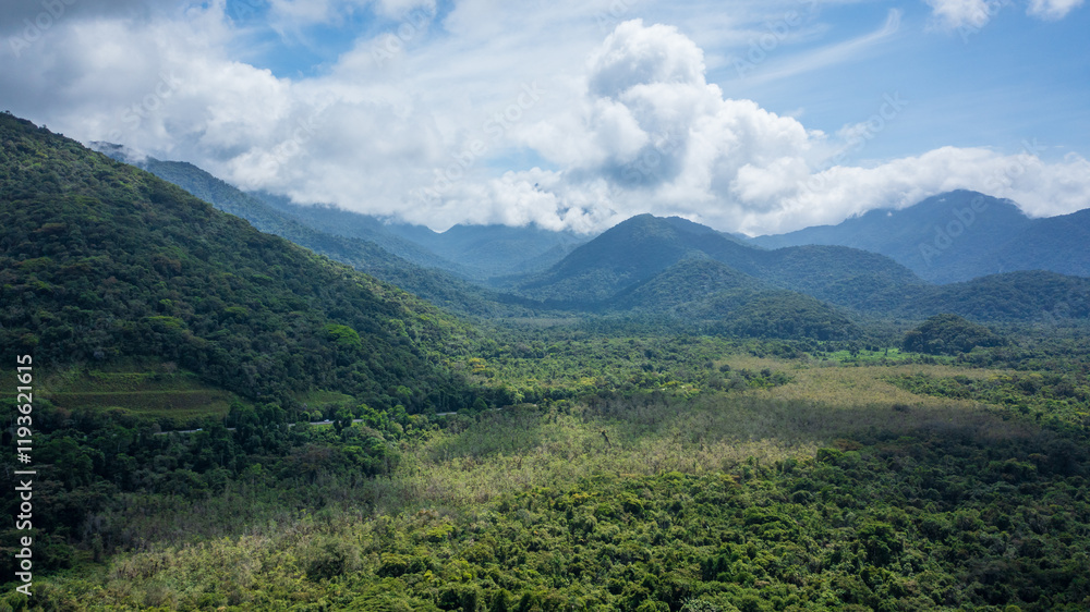 Beautiful aerial view of the preserved mountains of the Serra do Mar ...