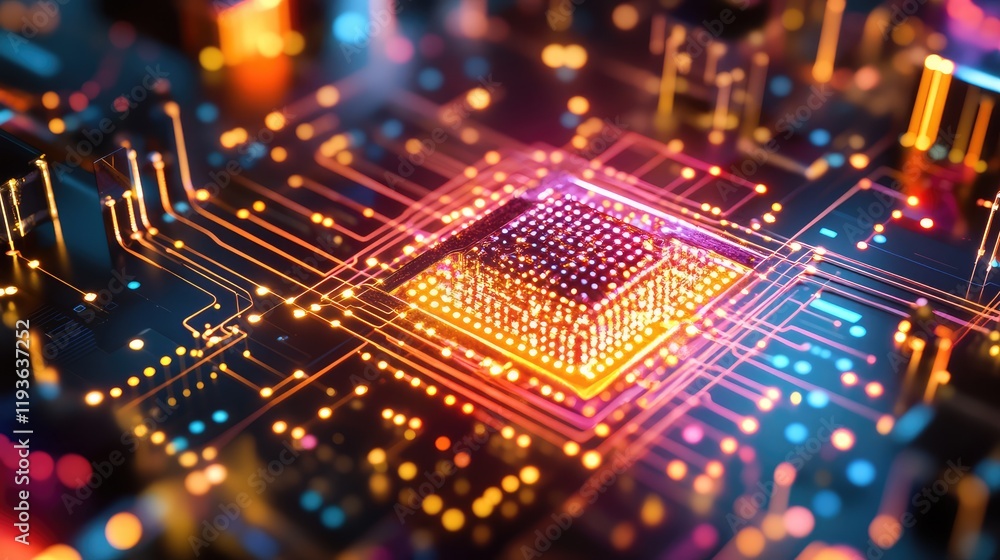 Quantum computer visualization, showing complex quantum circuits, entangled qubits, and dynamic ...