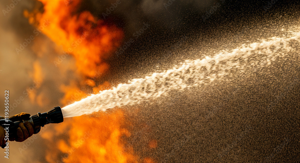 Firefighter using fire hose extinguishing large blaze with water jet ...