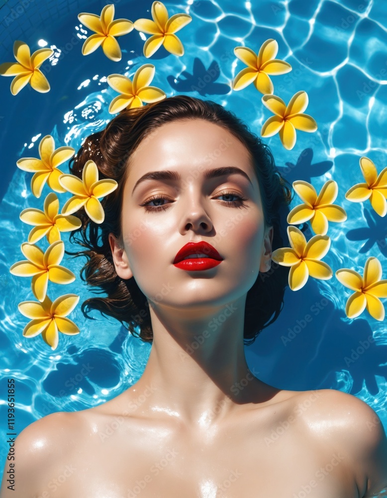 top view photography of a cute woman with red lips floating in a pool ...