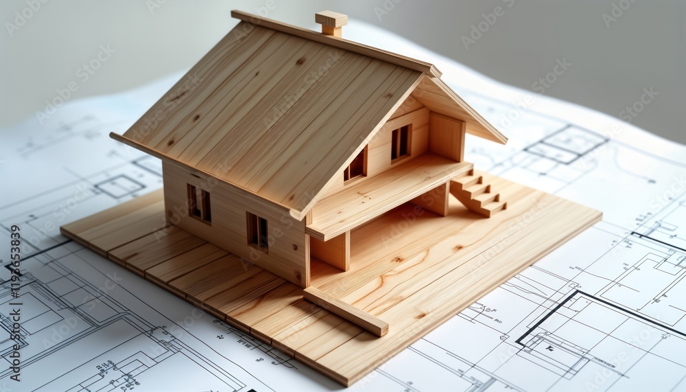 Wooden model house sits on architectural blueprints. Small house model ...