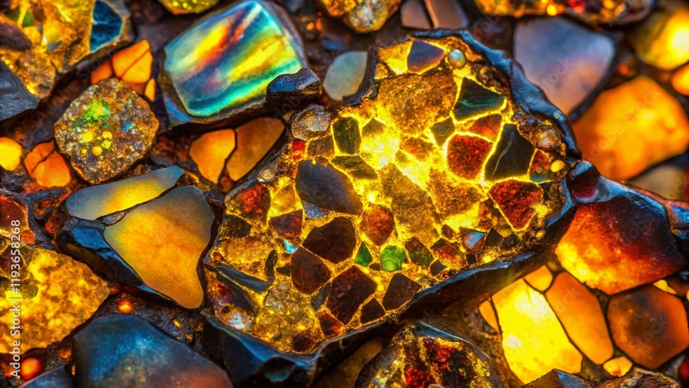 Pallasite Meteorite Macro: Backlit Olivine Crystals in Metallic Matrix ...