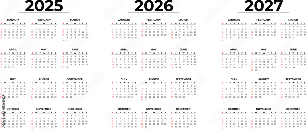 Calendars 2025 2026 2027 - Symple Layout Illustration. Week starts on Monday. Calendar Set for ...