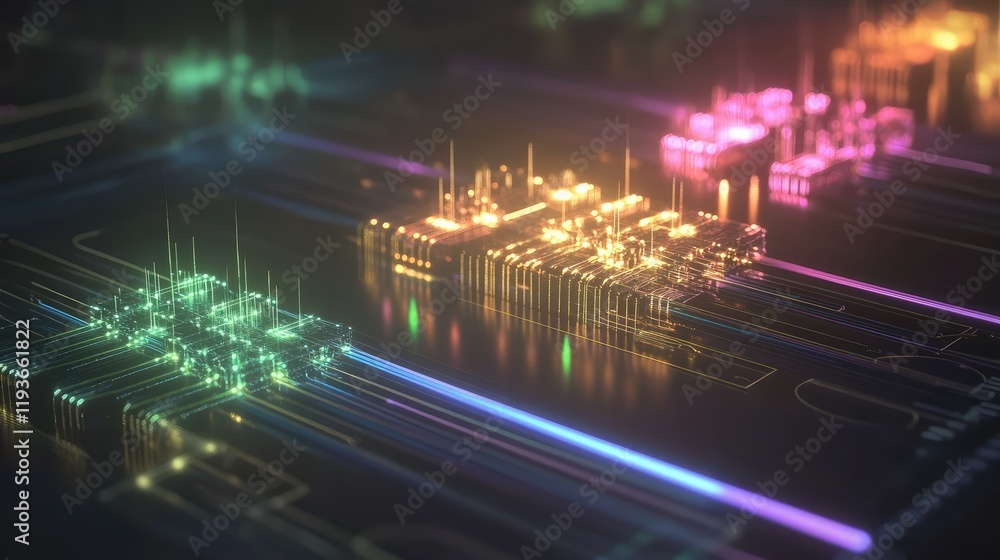 Quantum computing system design, with advanced quantum processors and light beams visualizing ...