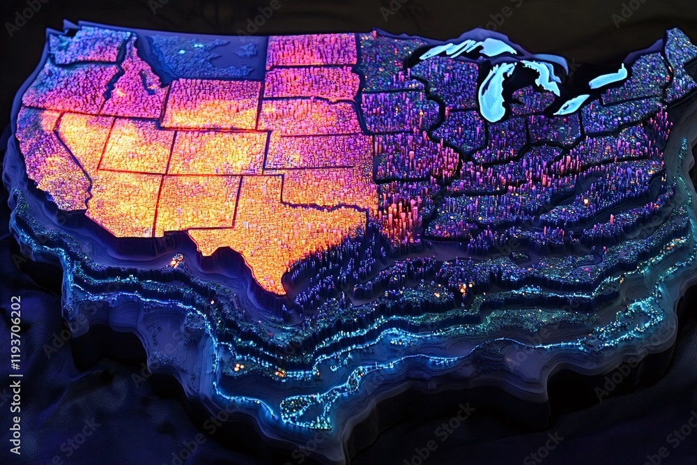 Glowing relief map of the usa highlighting population density with ...