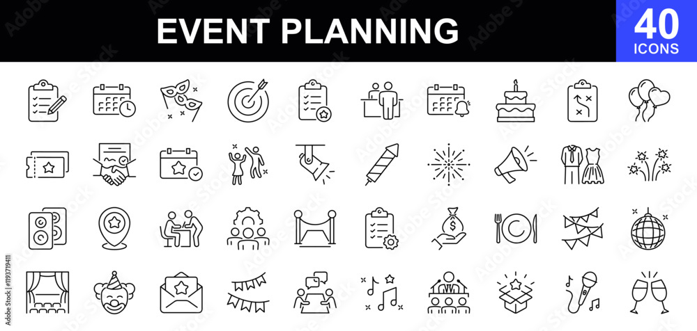Event planning icon set. Icons in linear style collection. Containing ...