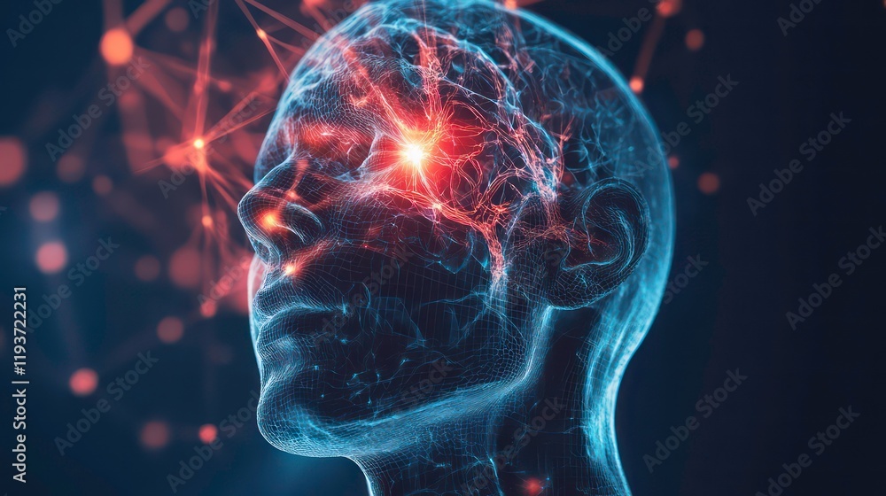 trigeminal nerve with a highlighted area indicating pain, surrounded by ...
