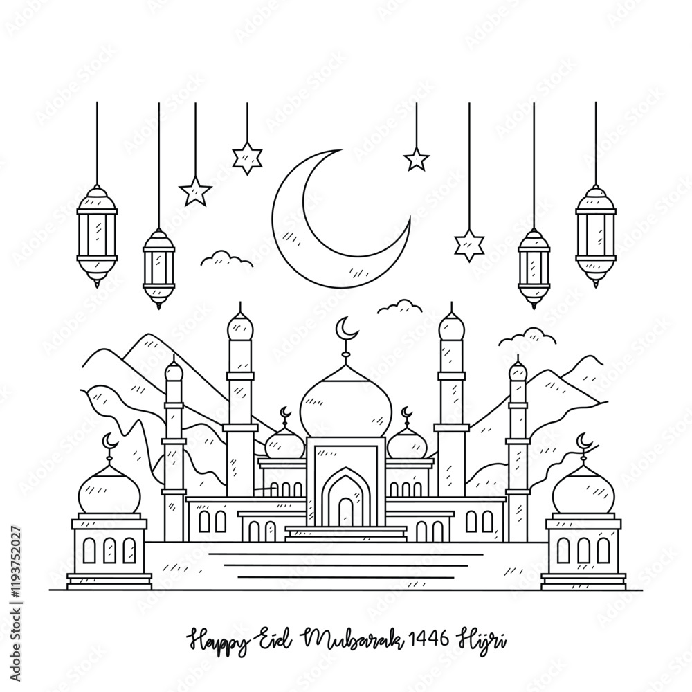 Simple sketch drawing of Eid Mubarak 1446 Hijri Line Art Illustration ...