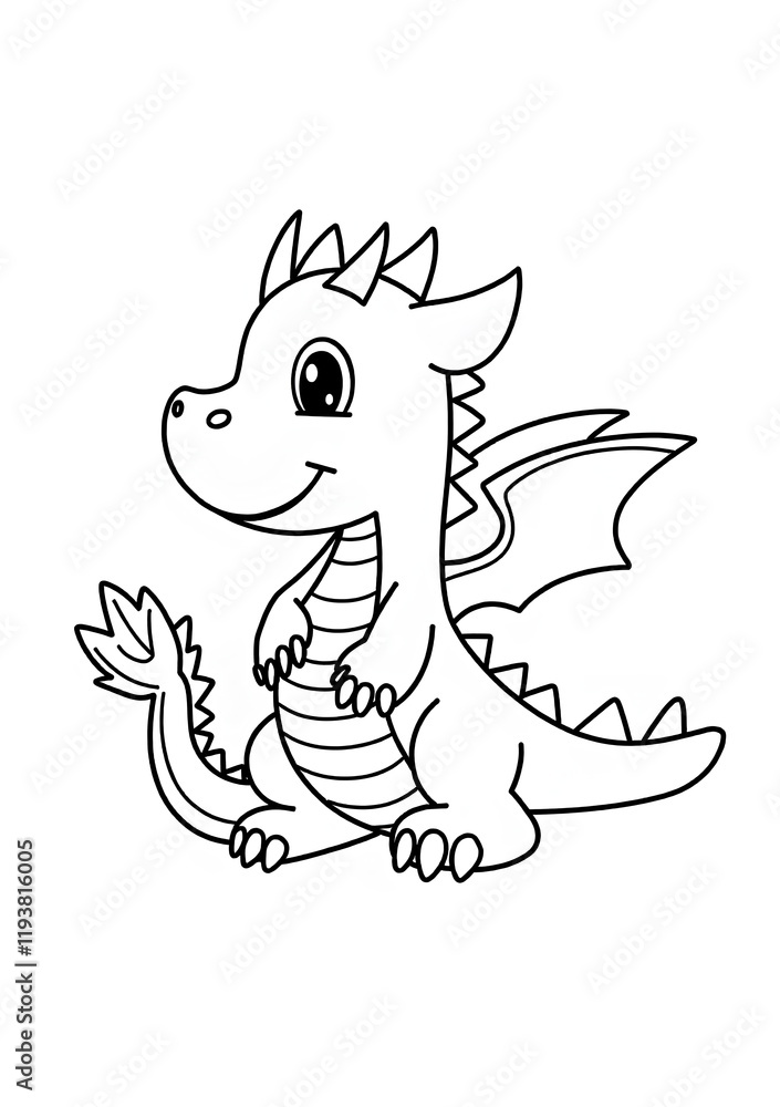 black and white coloring page featuring a cute, stylized dragon. color ...