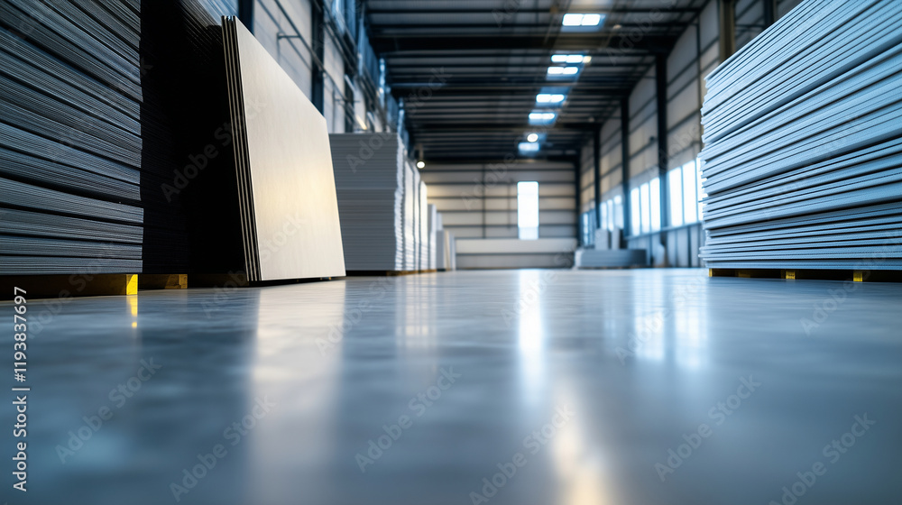 Pre-fabricated wall panels stacked neatly in a spacious industrial ...