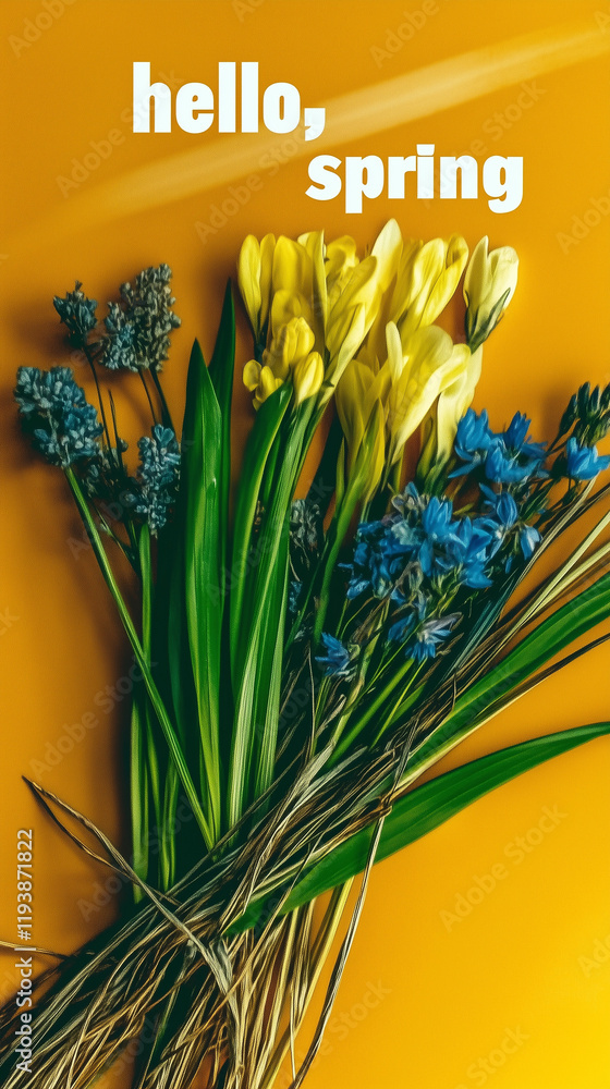 "Hello, Spring" text on orange spring season background with wild ...