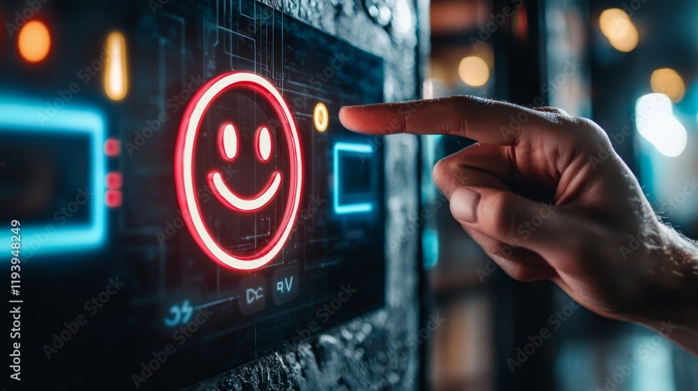 Hand Touching Digital Smiley Face Icon on Interactive Screen in Modern ...