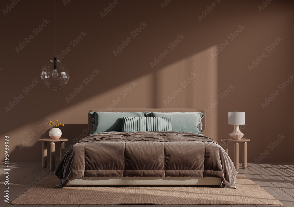 Mock up dark bedroom interior in brown mocha mousse 2025 color- 3D ...