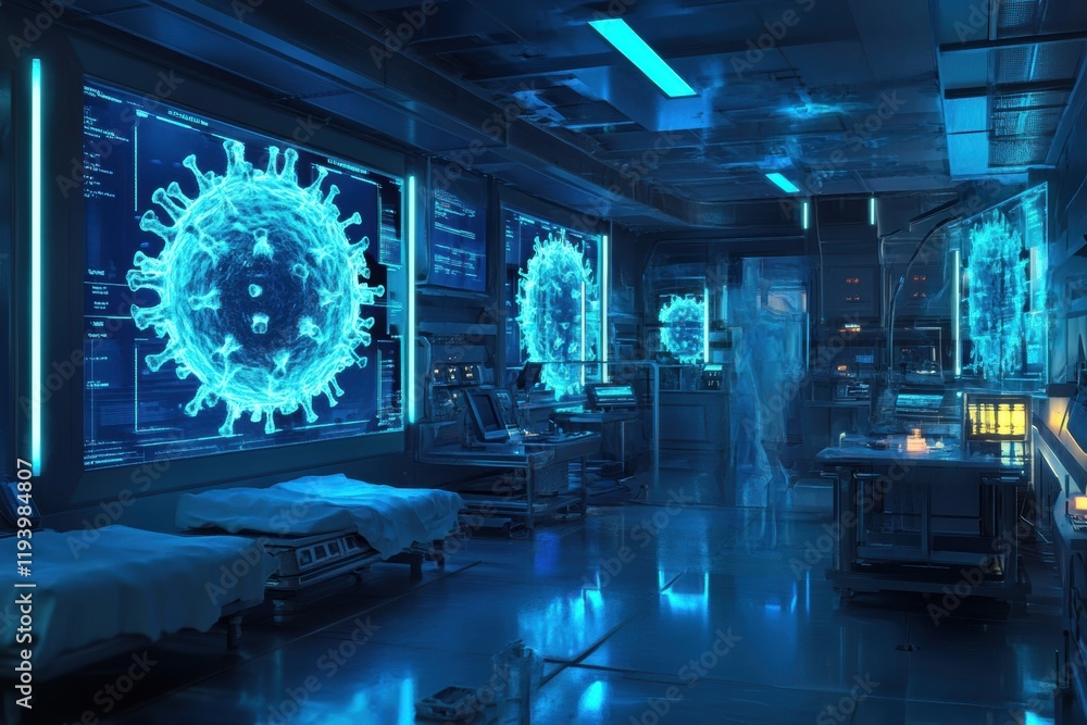 Modern laboratory featuring glowing monitors and test tubes visualizing ...