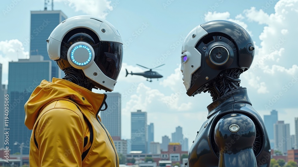 Ilustración de Stock Two humanoid robots stand face-to-face outdoors ...