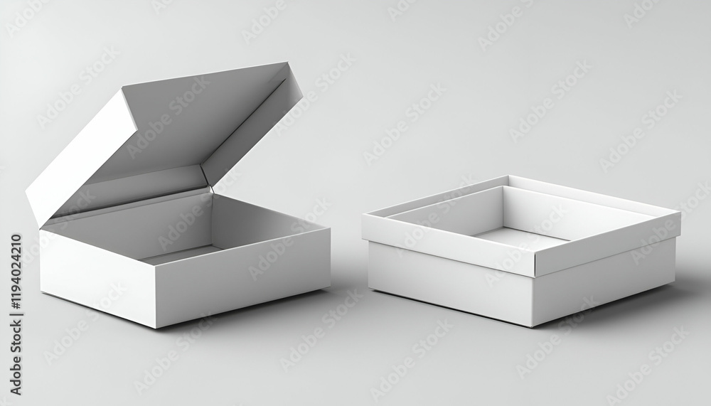 Open & closed white boxes, studio backdrop, packaging mockup Stock ...