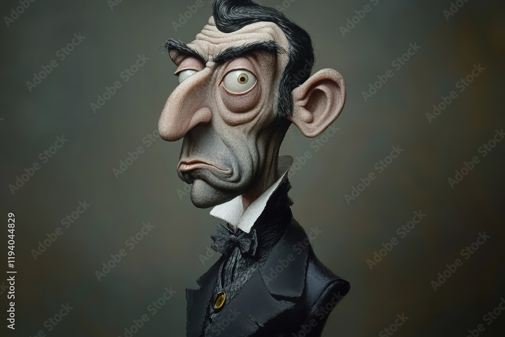 The image is a caricature of a character with exaggerated facial ...