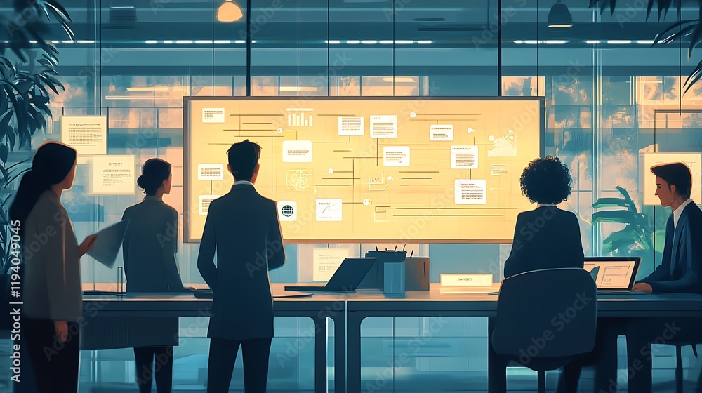 Refined office setting with an elegant flowchart on a glass board, AI ...