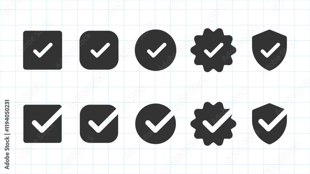 Vector de Stock Set of check mark icons in various styles. Includes check marks in boxes ...