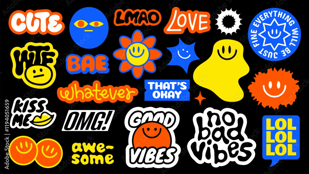 Colorful stickers with playful phrases like 'cute', 'love', 'good vibes ...