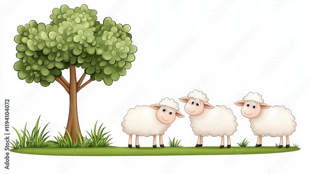 Cute Cartoon Sheep Grazing Near Tree in Green Grass with Blue Sky ...