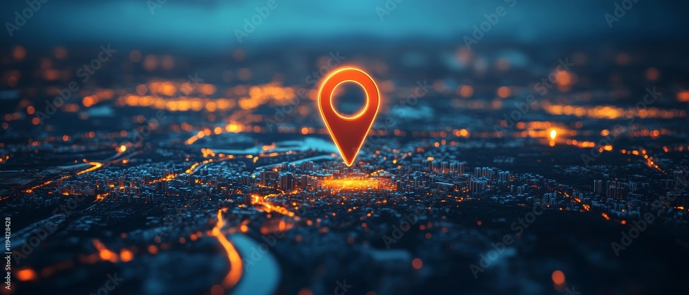 A digital map illuminated by a glowing location pin, pinpointing a city ...