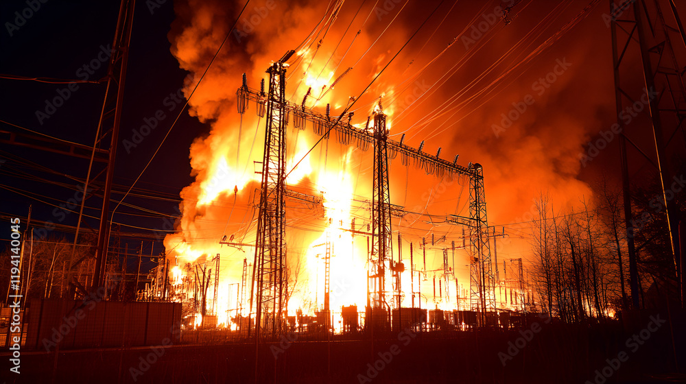 Melted wires from an exploded substation at the fires center urban ...