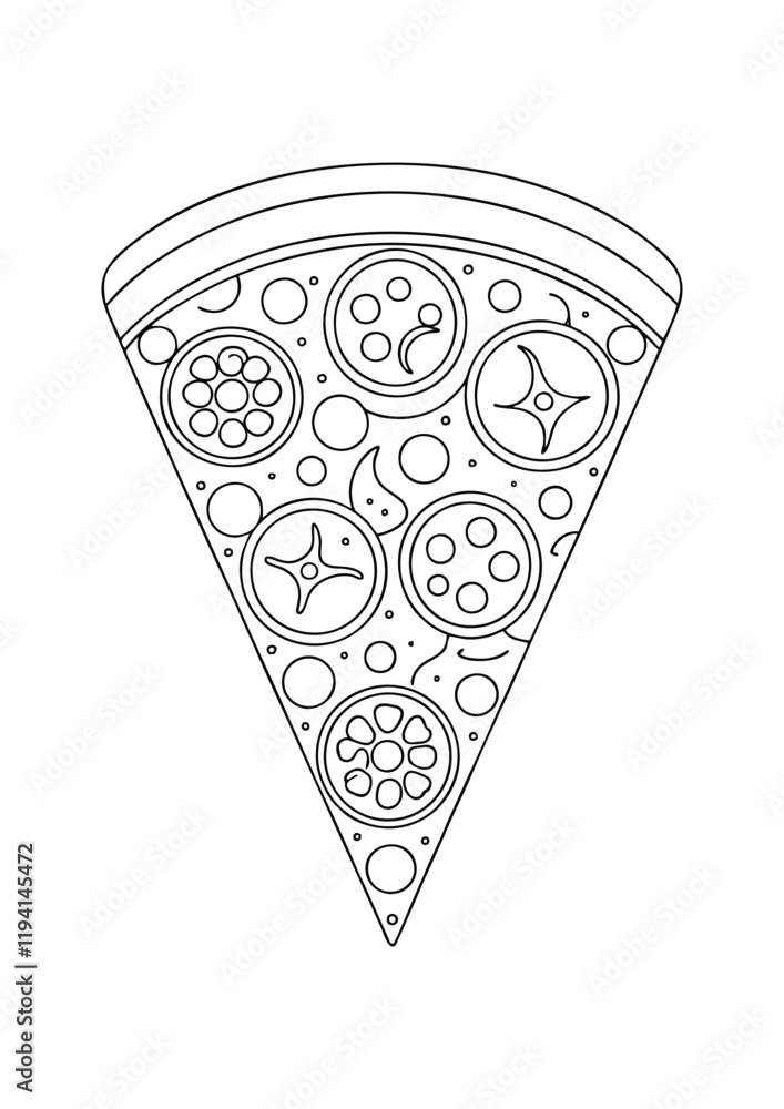coloring page, simple black lineart illustration of a pizza on white ...