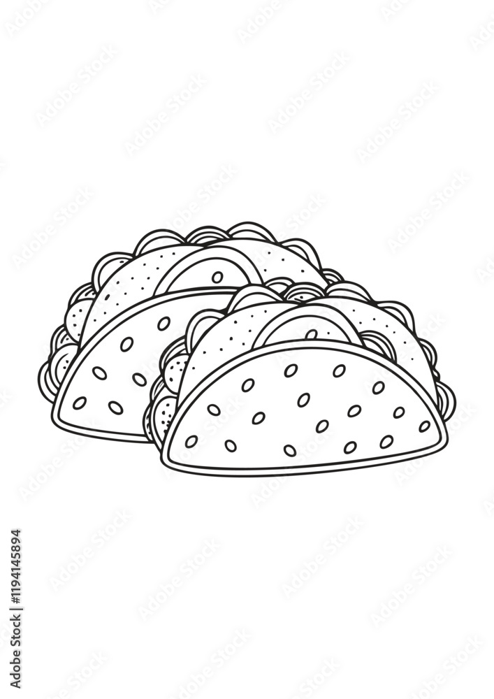 coloring page, simple black lineart illustration of a tacos on white ...