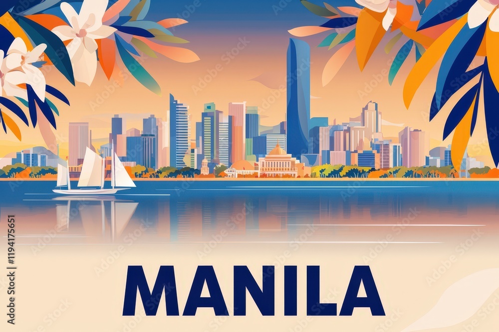 Colorful depiction of Manila showcasing Intramuros, modern skyscrapers ...