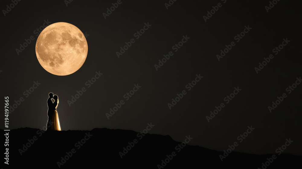Silhouette of couple kissing under full moon at night Stock Photo ...