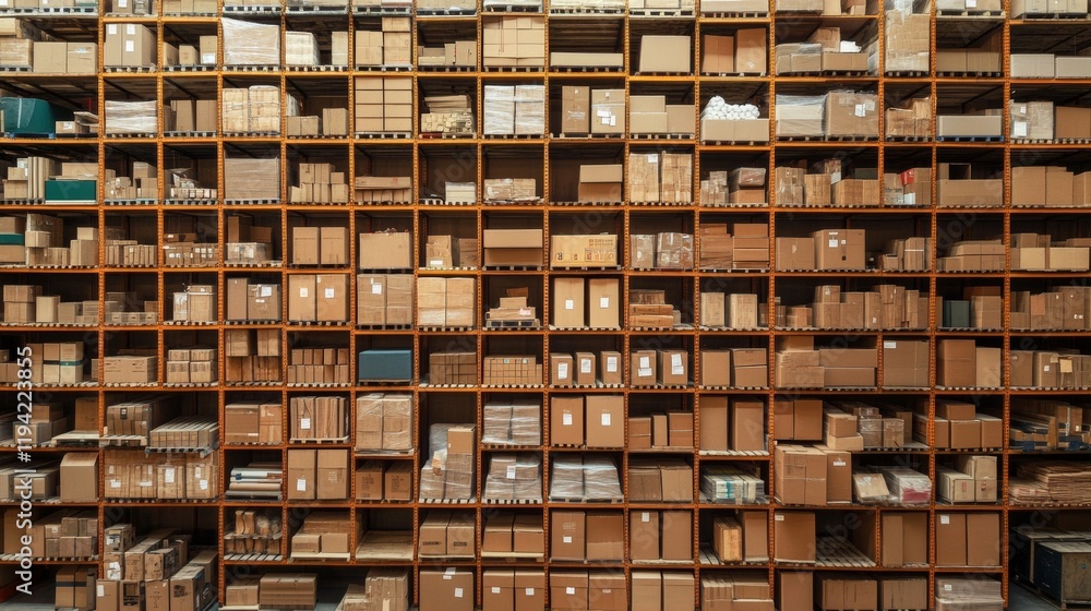 Retail warehouse full of shelves with cardboard boxes and packages ...