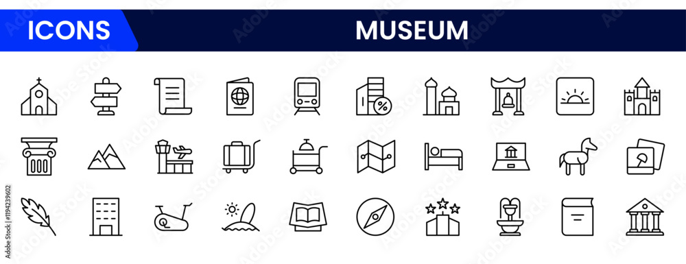 Museum ancient exhibit and service for tourist visit line icons set ...