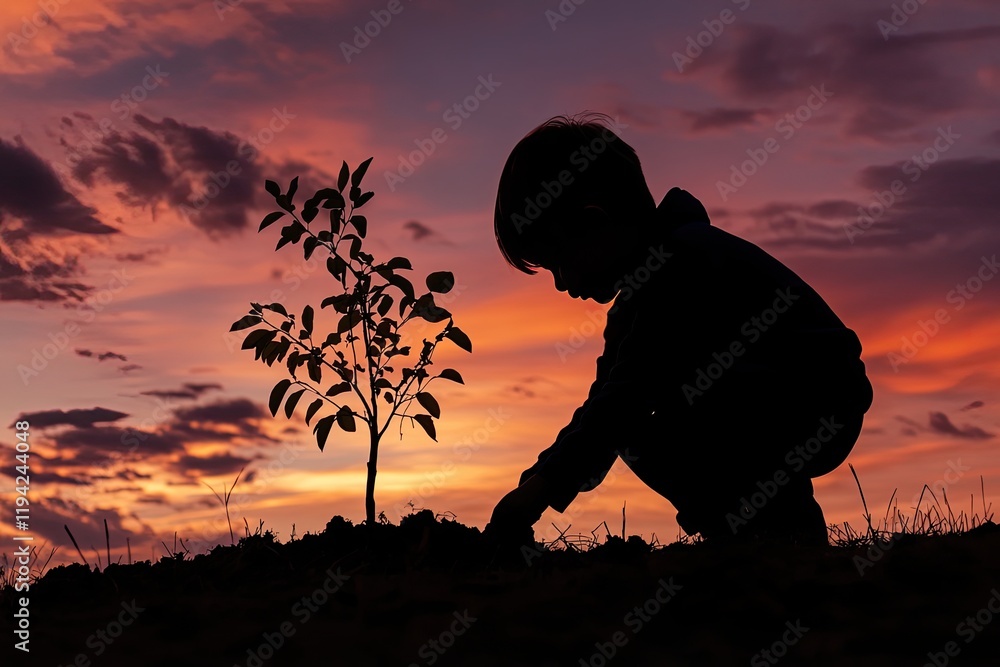 Silhouette of a child digging a hole in the ground, preparing to plant ...