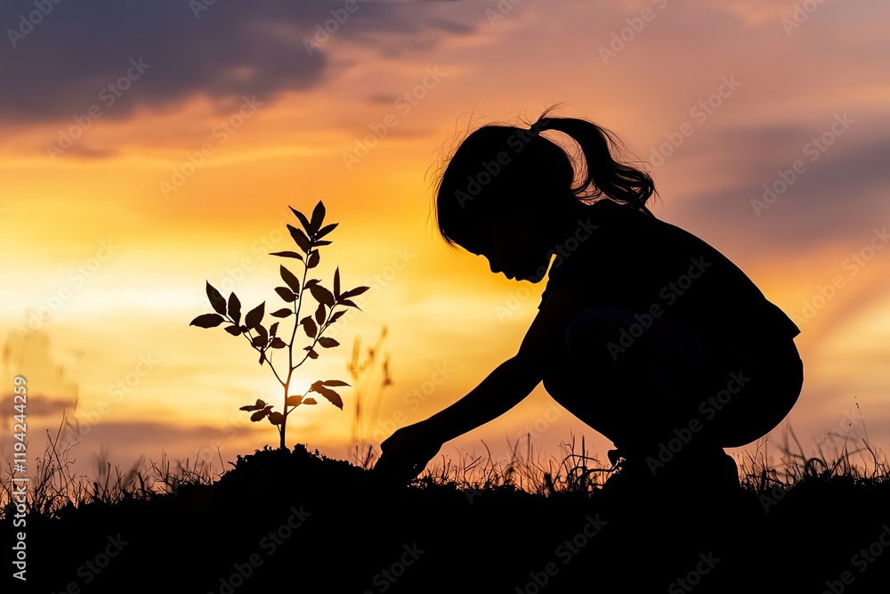 Silhouette of a child digging a hole in the ground, preparing to plant ...