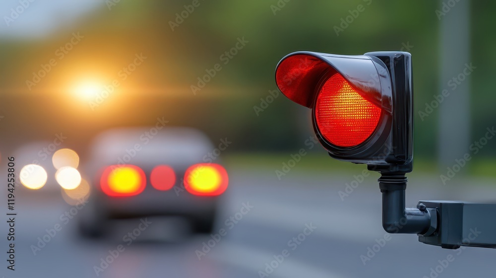Urban traffic control, light on pole at busy intersection ensuring ...