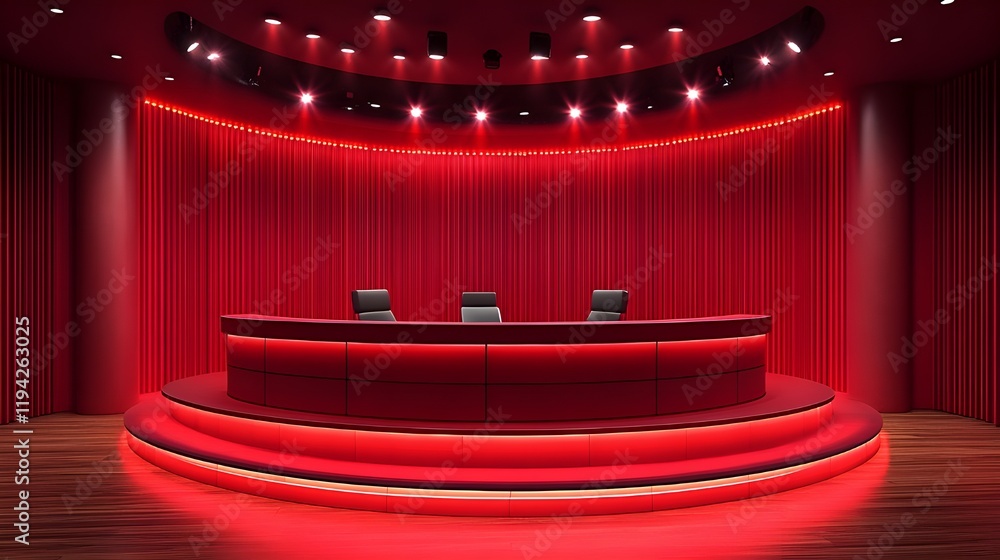Red circular stage, dramatic lighting, three judges' chairs, talent ...